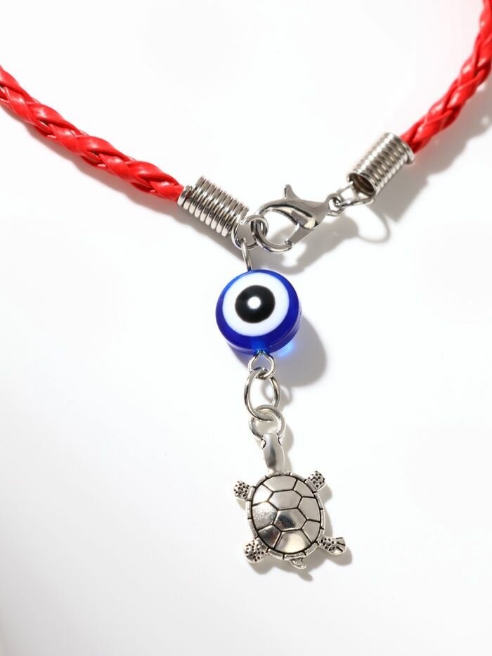 Браслет-оберег Красная нить , талисман защиты, черепаха с бусиной, цвет серебристый, 18 см