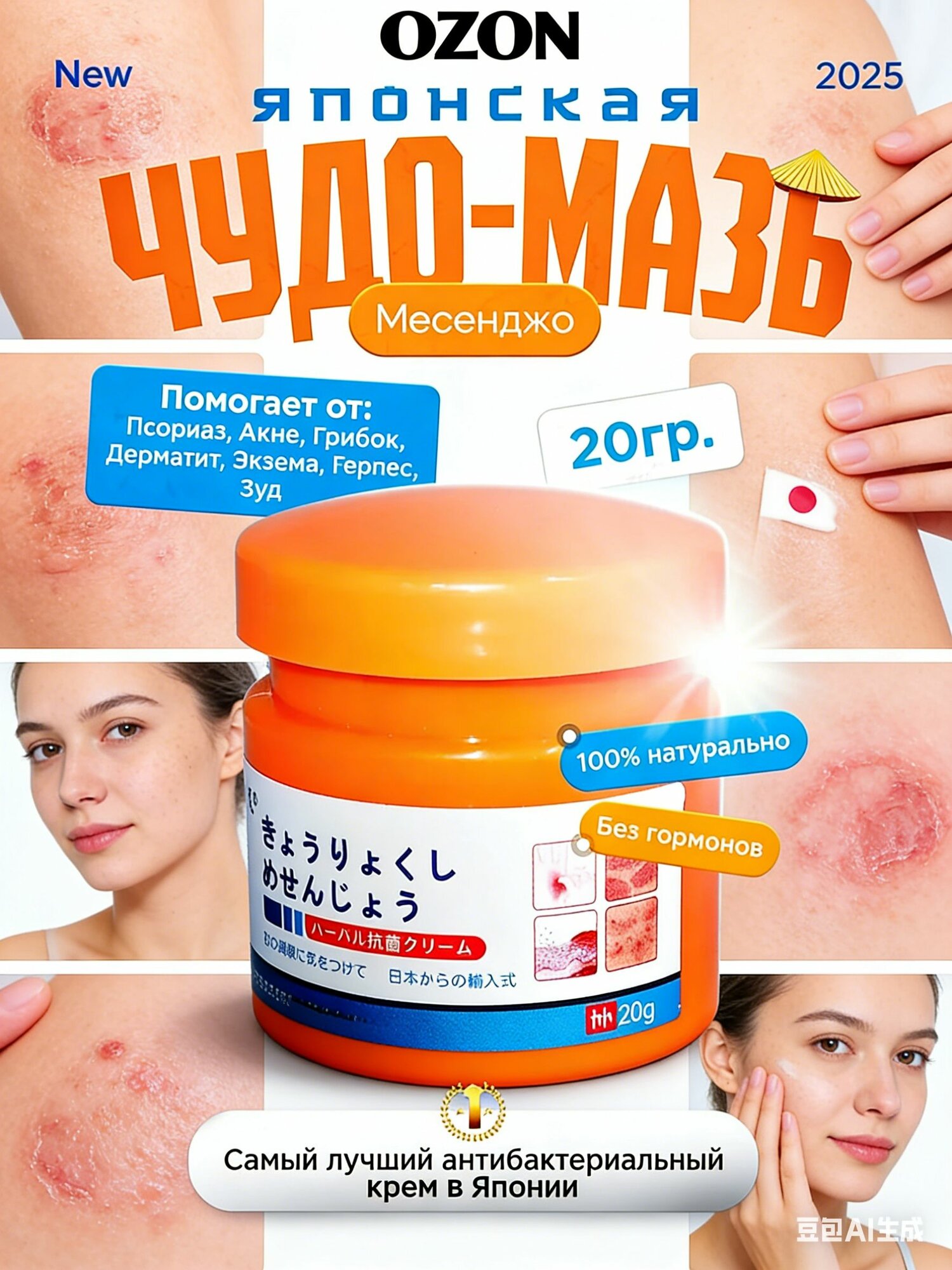 Японская чудо-мазь Месенджо 20г, от псориаза, акне, грибка, натуральный состав, без гормонов