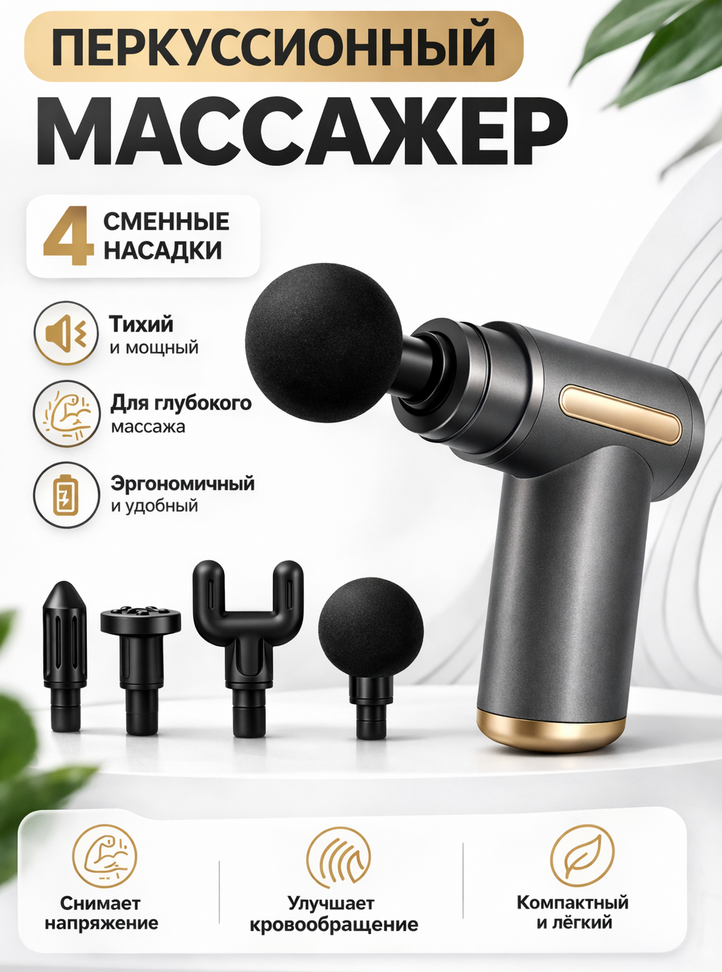 Массажер электрический Massage Gun, для тела, многофункциональный, эргономичный, серый
