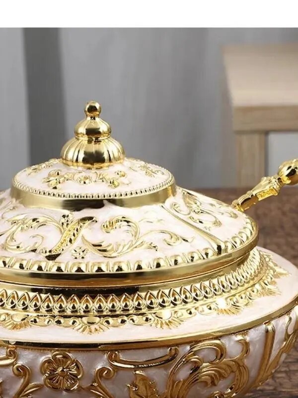 Сахарница 3 шт. Металлическая сахарница с ложкой в комплекте, 3 предмета, белый цвет. Роскошный дизайн для сервировки стола — фото 1