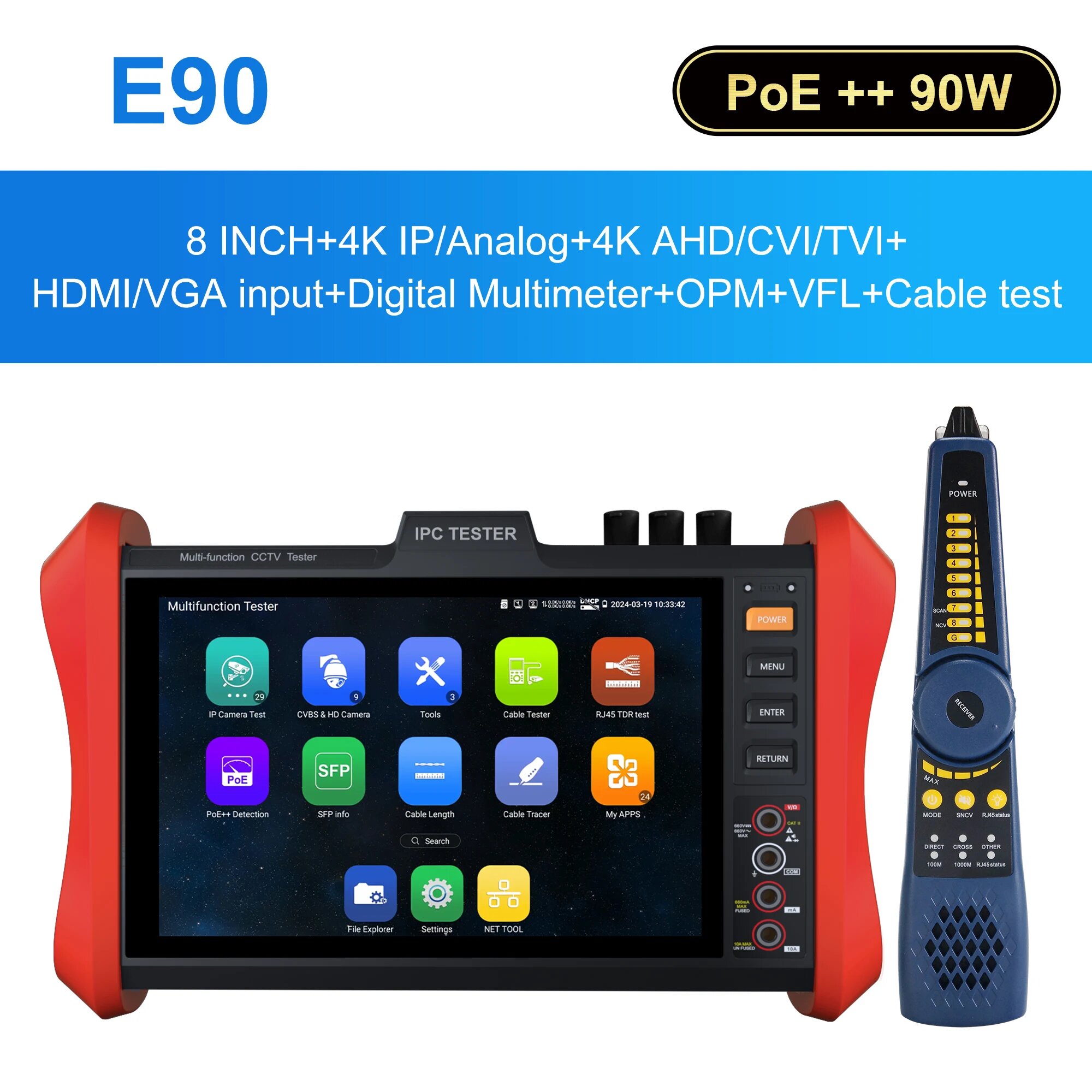 Монитор WANGLU 8 дюймов POE++ 90W SFP 4K H.265 IP 8MP AHD/TVI/CVI инструмент для тестирования камер видеонаблюдения HDMI VGA вход тестер кабелей E88/E89/E90