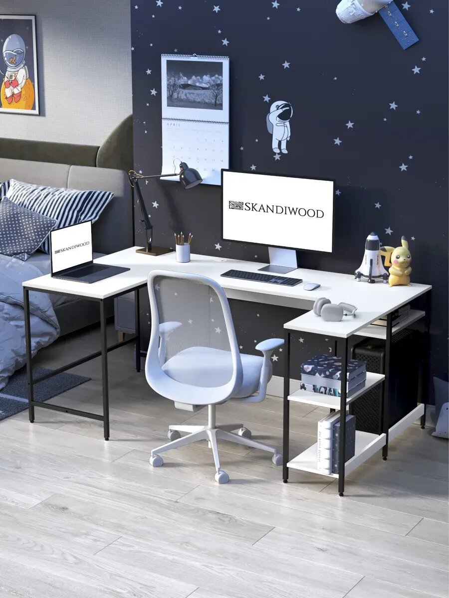 Большой угловой письменный стол с полками белый