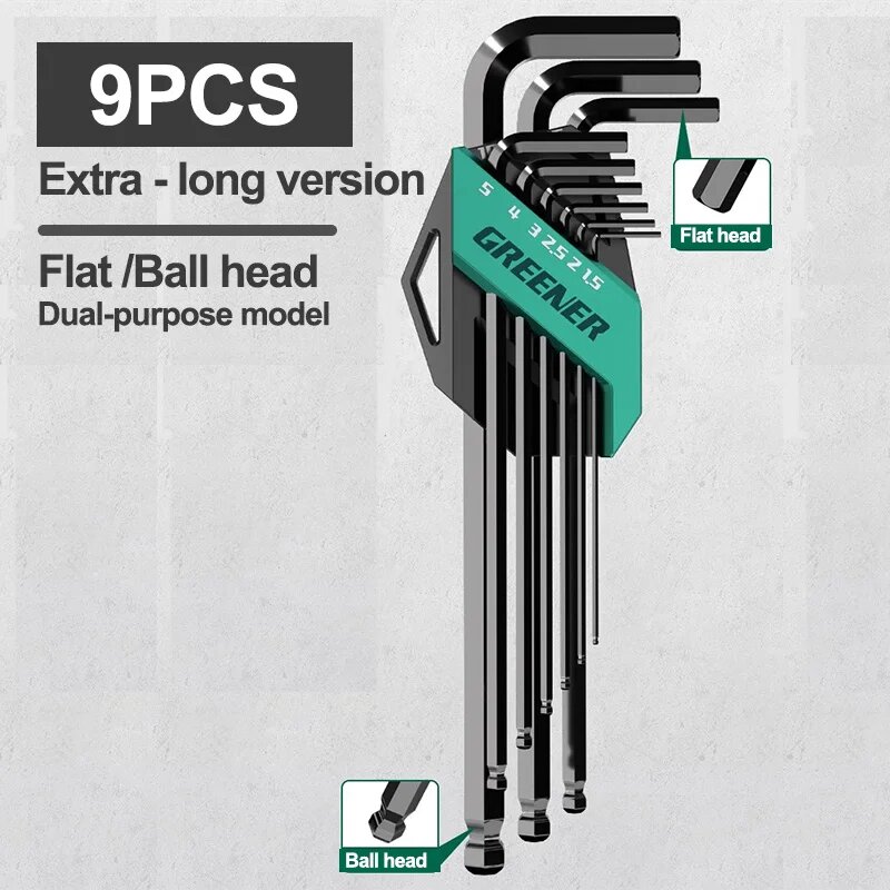 GREENER Набор шестигранников 9шт Extra-long, Flat/Ball head, 039846