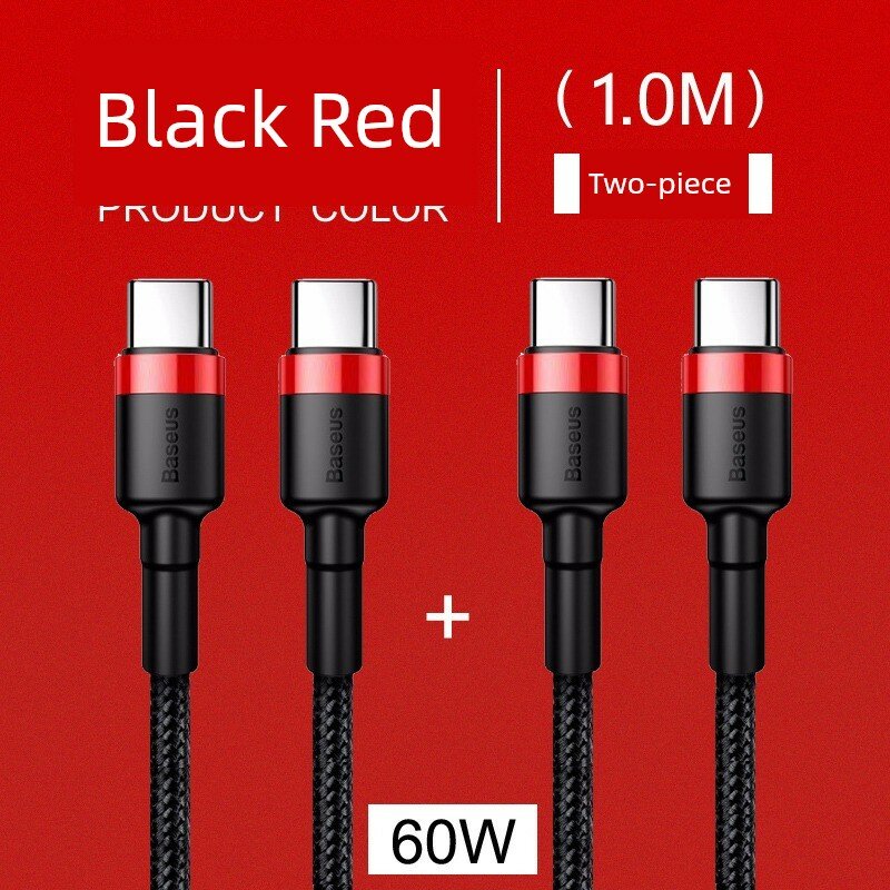 1-метровый красно-черный USB-C кабель PD60W для быстрой зарядки смартфонов и ноутбуков