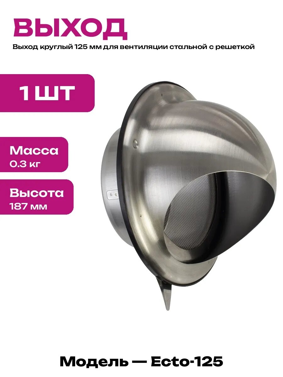 Стенной выход 125 мм стальной с защитой от осадков и сеткой