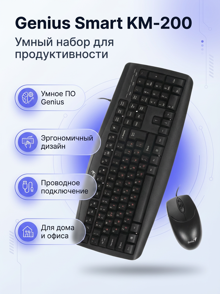 Набор Genius Smart KM-200 Black (Кл-ра, USB+Мышь3кн, Roll, USB) 31330003402/31330003416