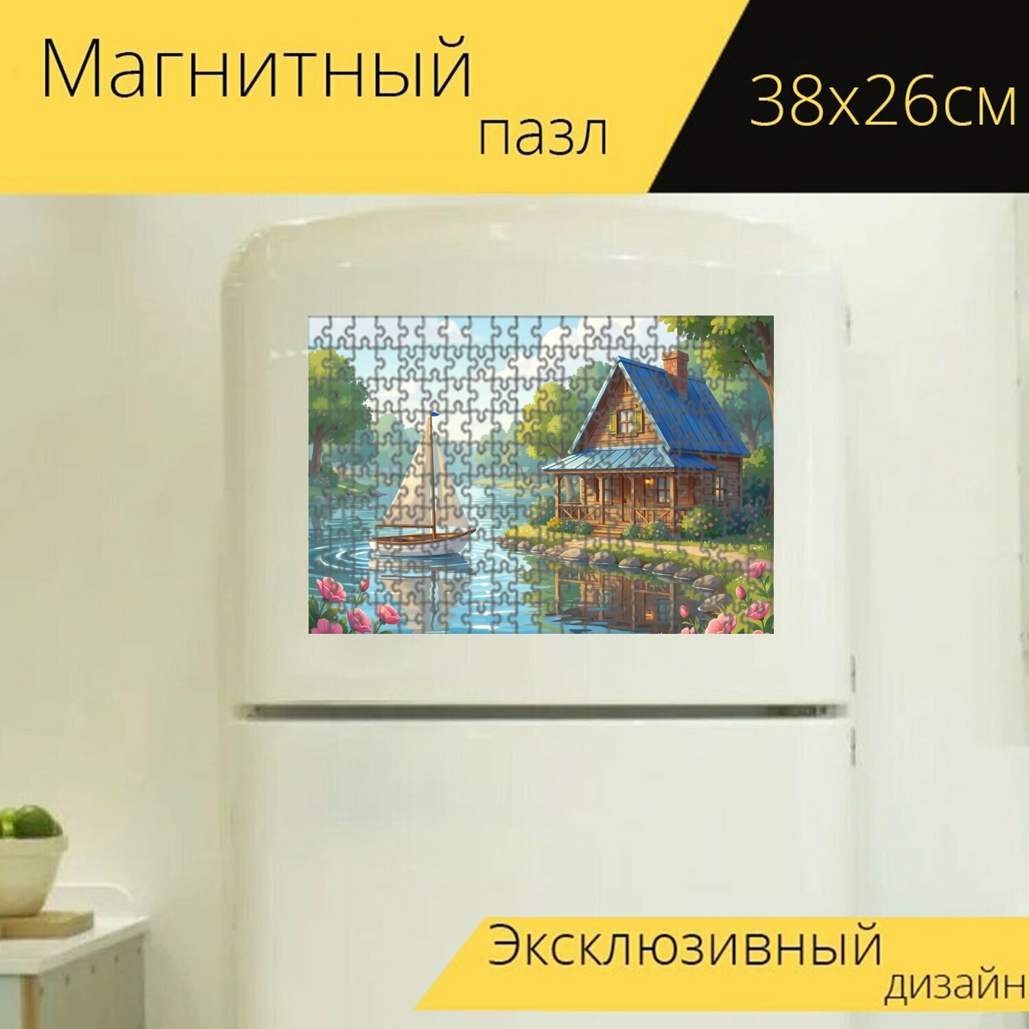 Магнитный пазл "Уютный дом у реки с лодкой. Живописный летний пейзаж в мультяшной стилистике: деревянный коттедж на берегу, парусник на тихой воде, цветущие." для интерьера, 38х26 см.
