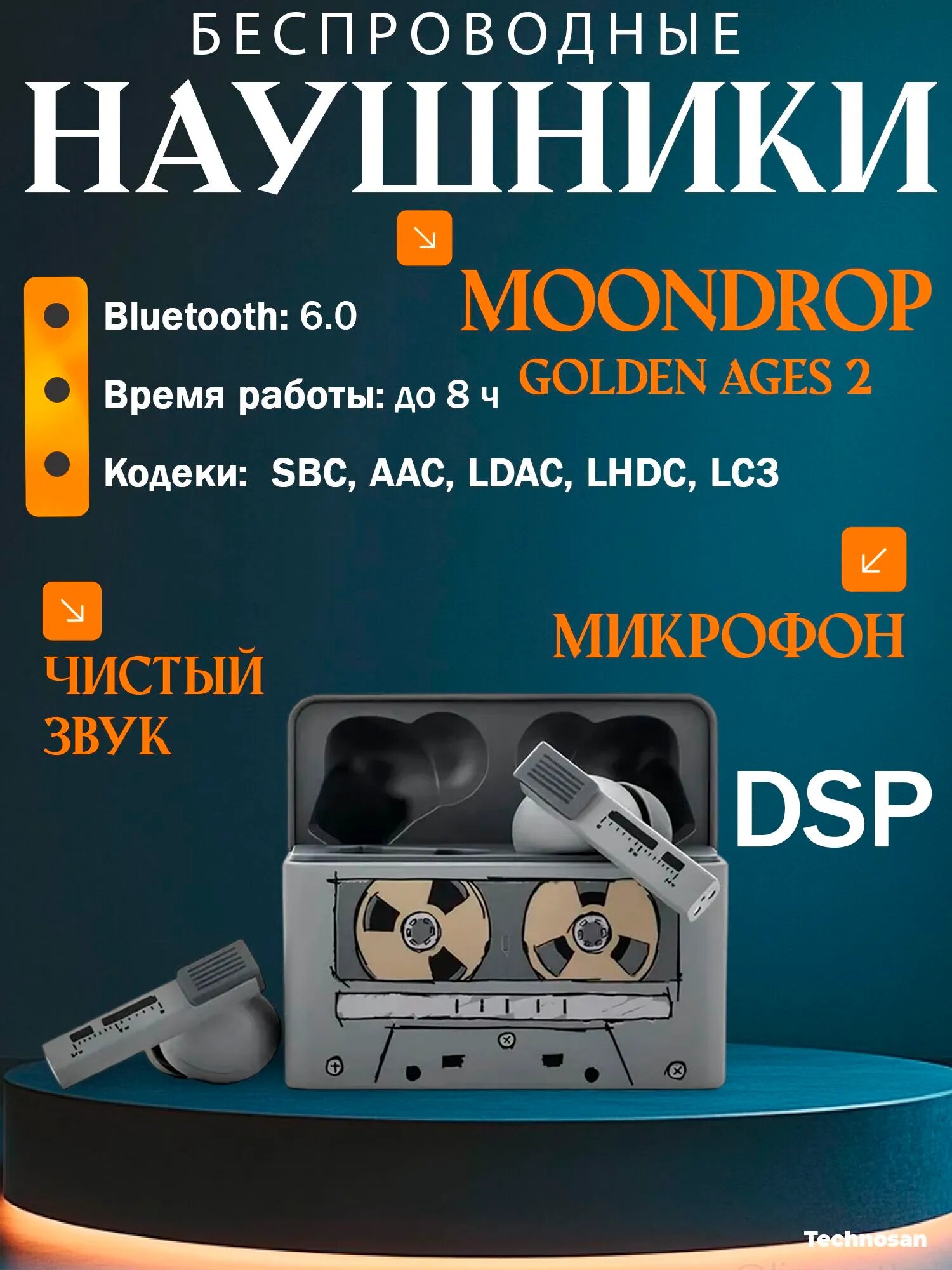 Moondrop Golden Ages 2 Беспроводные TWS наушники , с микрофоном, ANC, Bluetooth 6.0, серые