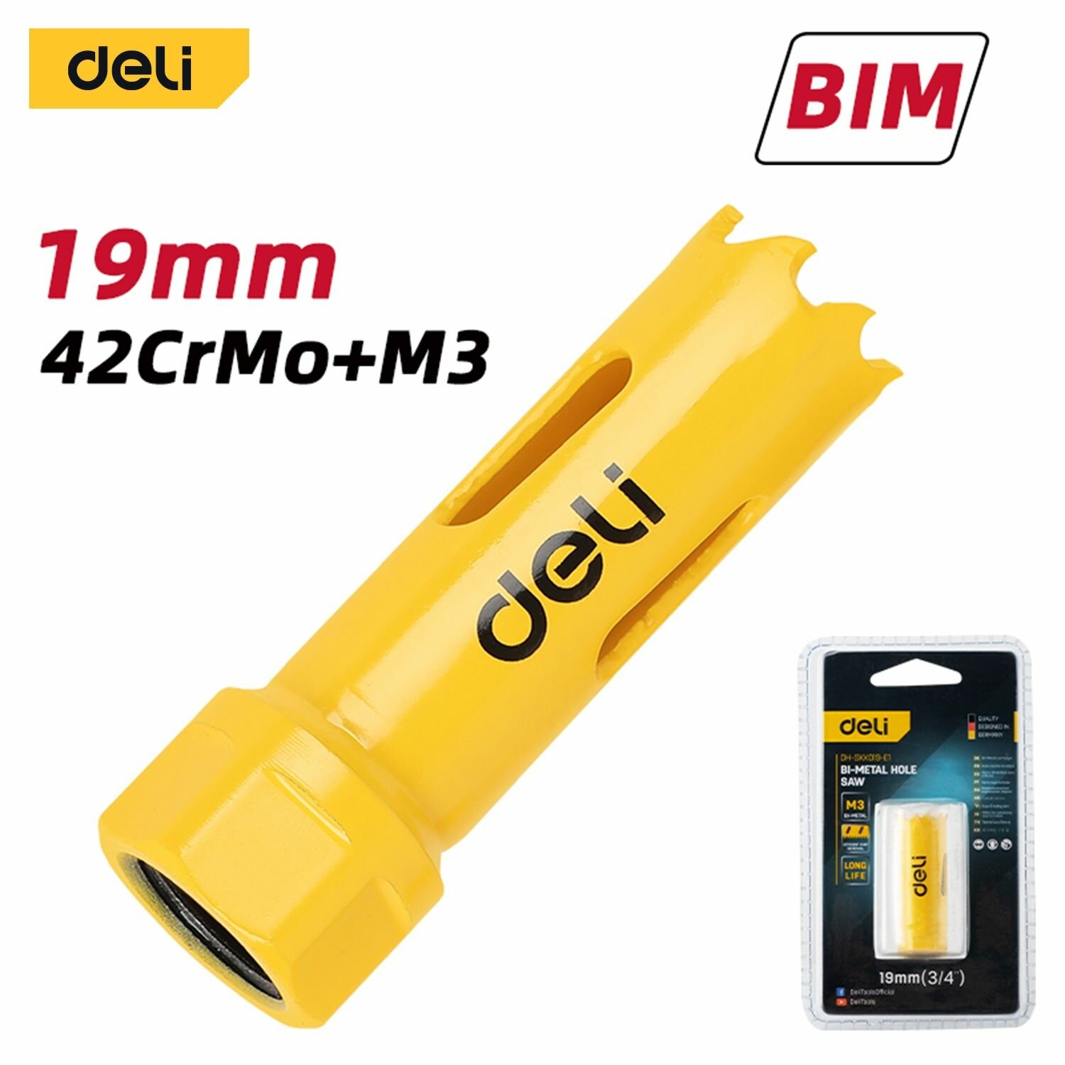 Коронка биметаллическая 19мм Deli DH-SKK019-E1 (макс глубина сверления 38мм, шаг зубьев 4-6мм, 42CrMo+M3)