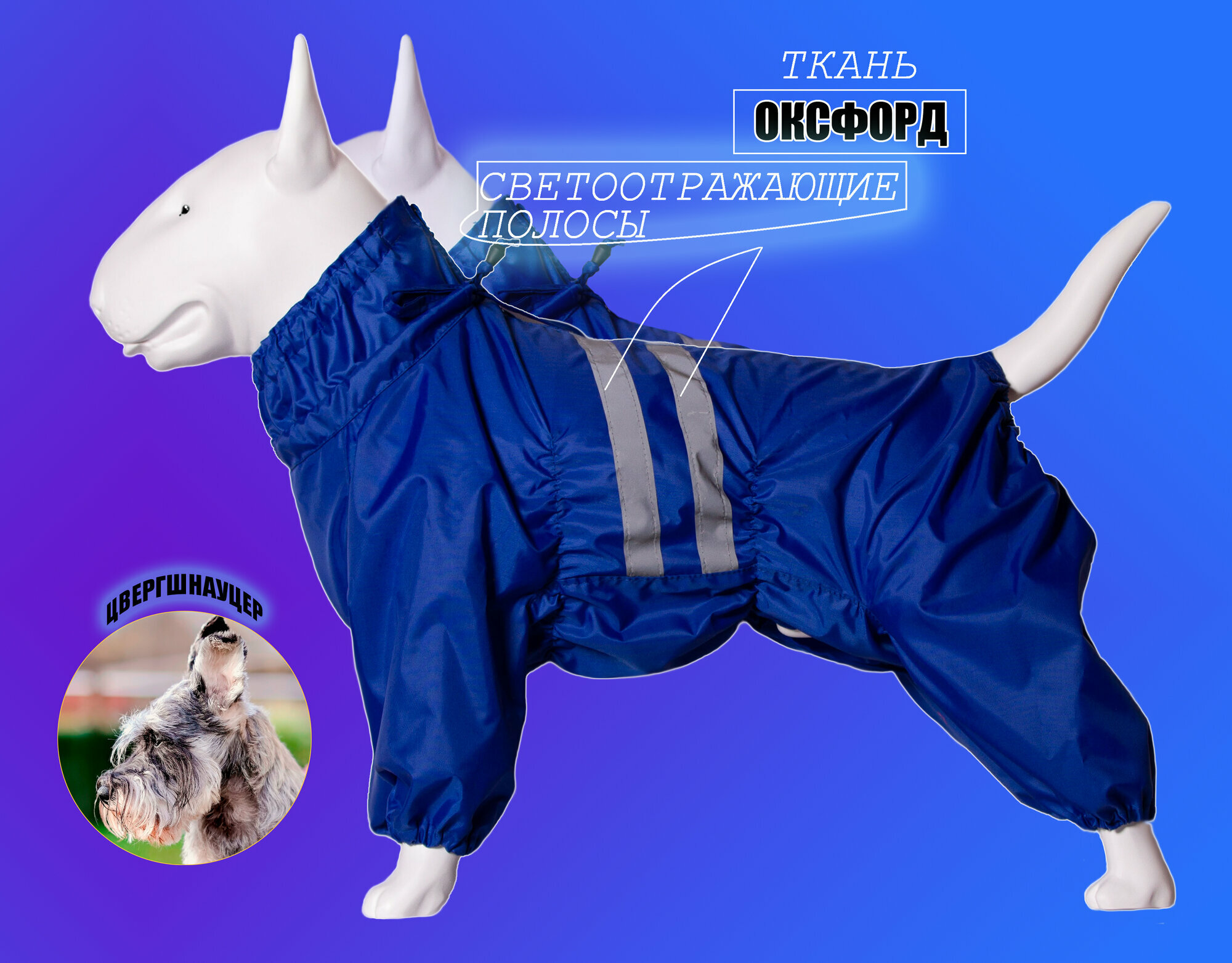 Комбинезон-дождевик для цвергшнауцера суки, повышенной прочности, со светоотражающими полосами, цвет василек