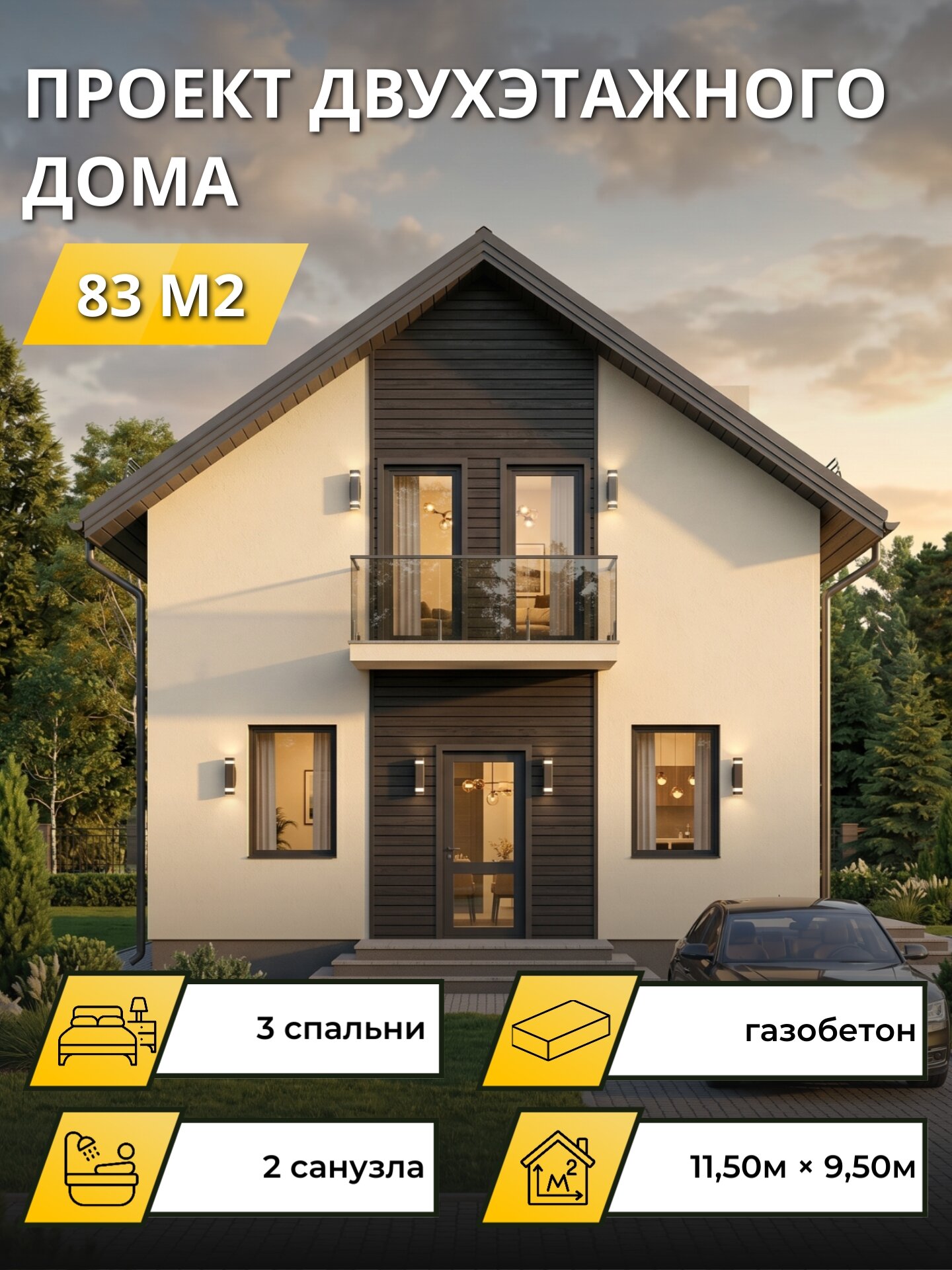 Проект двухэтажного дома из газобетона с 3 спальнями 83 м 2.