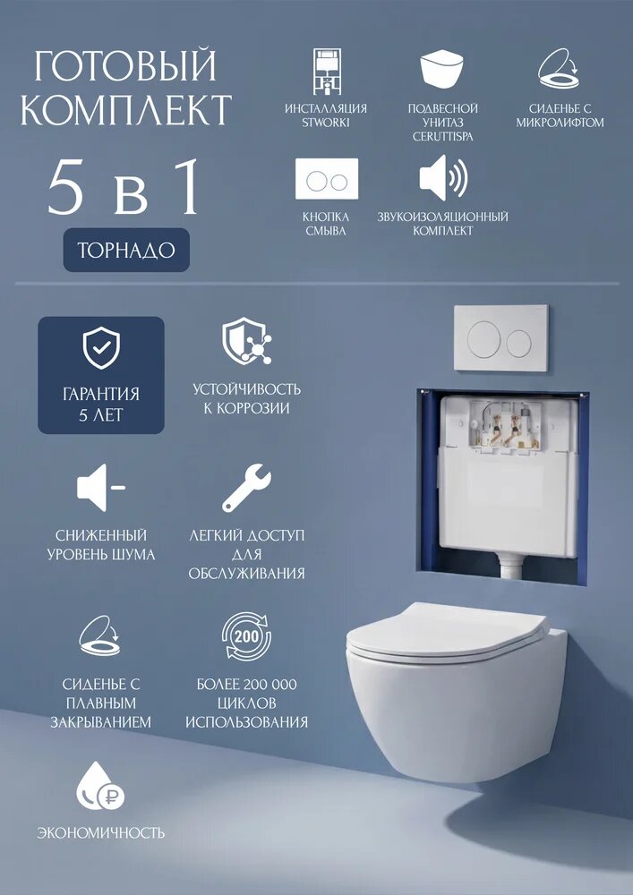 Комплект 5 в 1: Инсталляция STWORKI Хельсинки S33500WH / Унитаз подвесной Ceruttispa Amici Aria Tornado CT11388 / Сиденье с микролифтом, Комплект шумоизоляции, Кнопка глянцевая белая