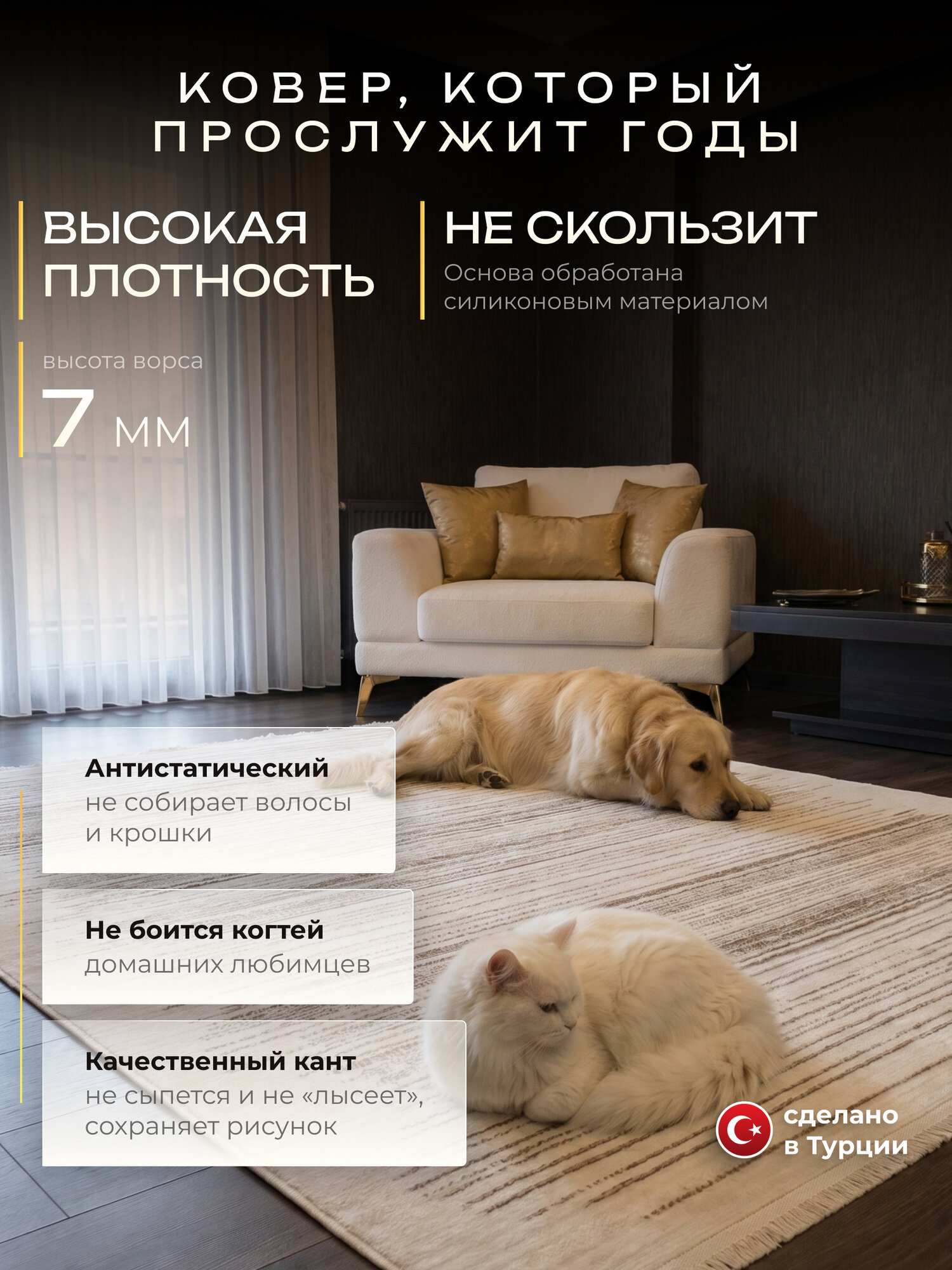 Ковер BARKS 150х200 см, в гостиную, детскую, спальню, противоскользящая основа, Турция — фото 1