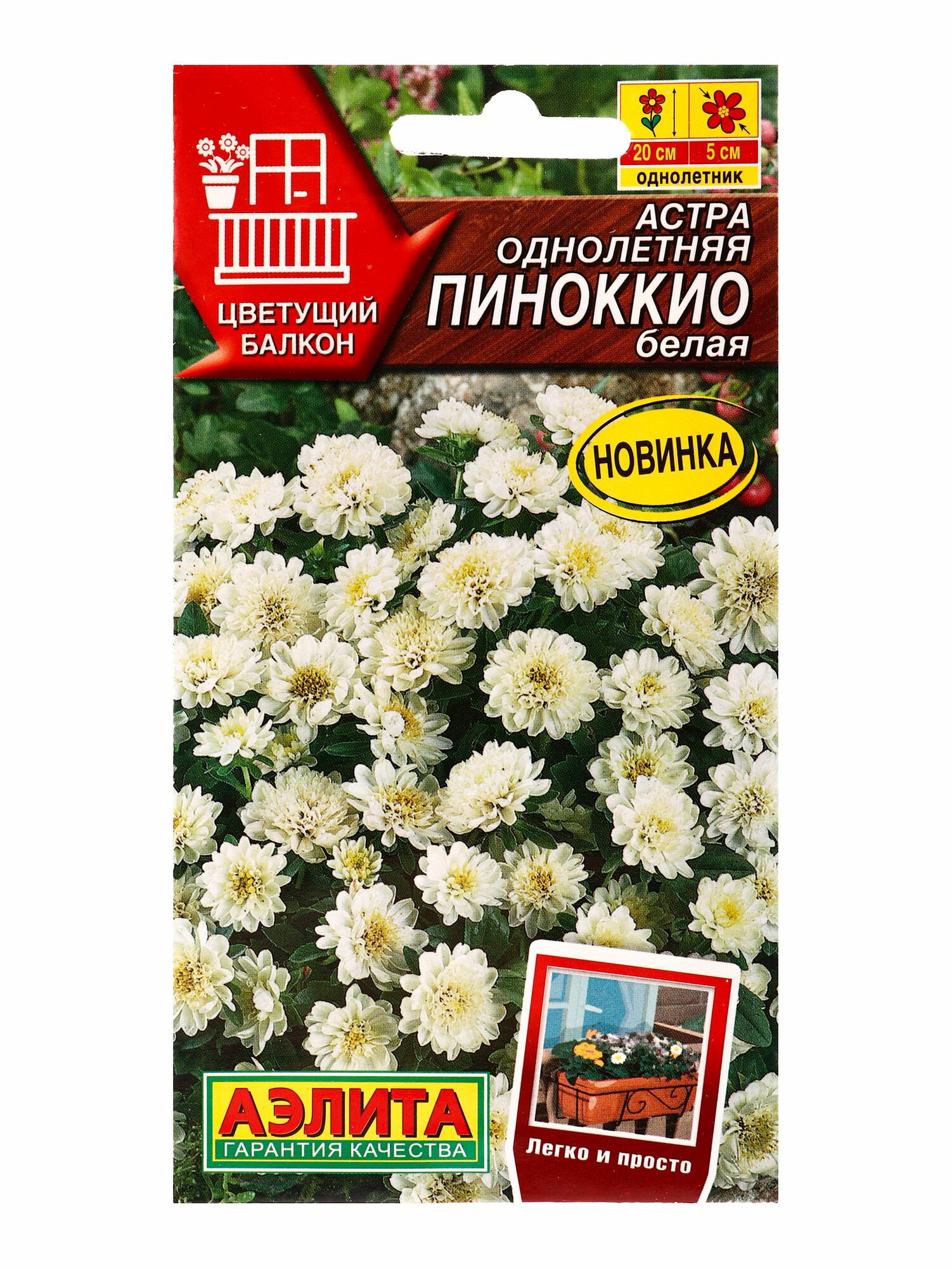 Семена цветов Астра "Пиноккио" белая "Цветущий балкон" 0.05 г, 5 шт.