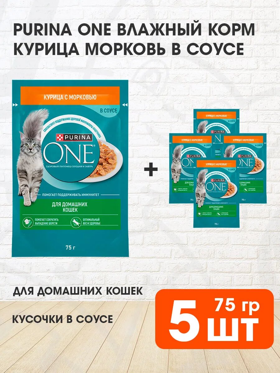 Корм влажный Purina One для взрослых кошек, живущих дома, курица и морковь в соусе, 75 г х 5 шт