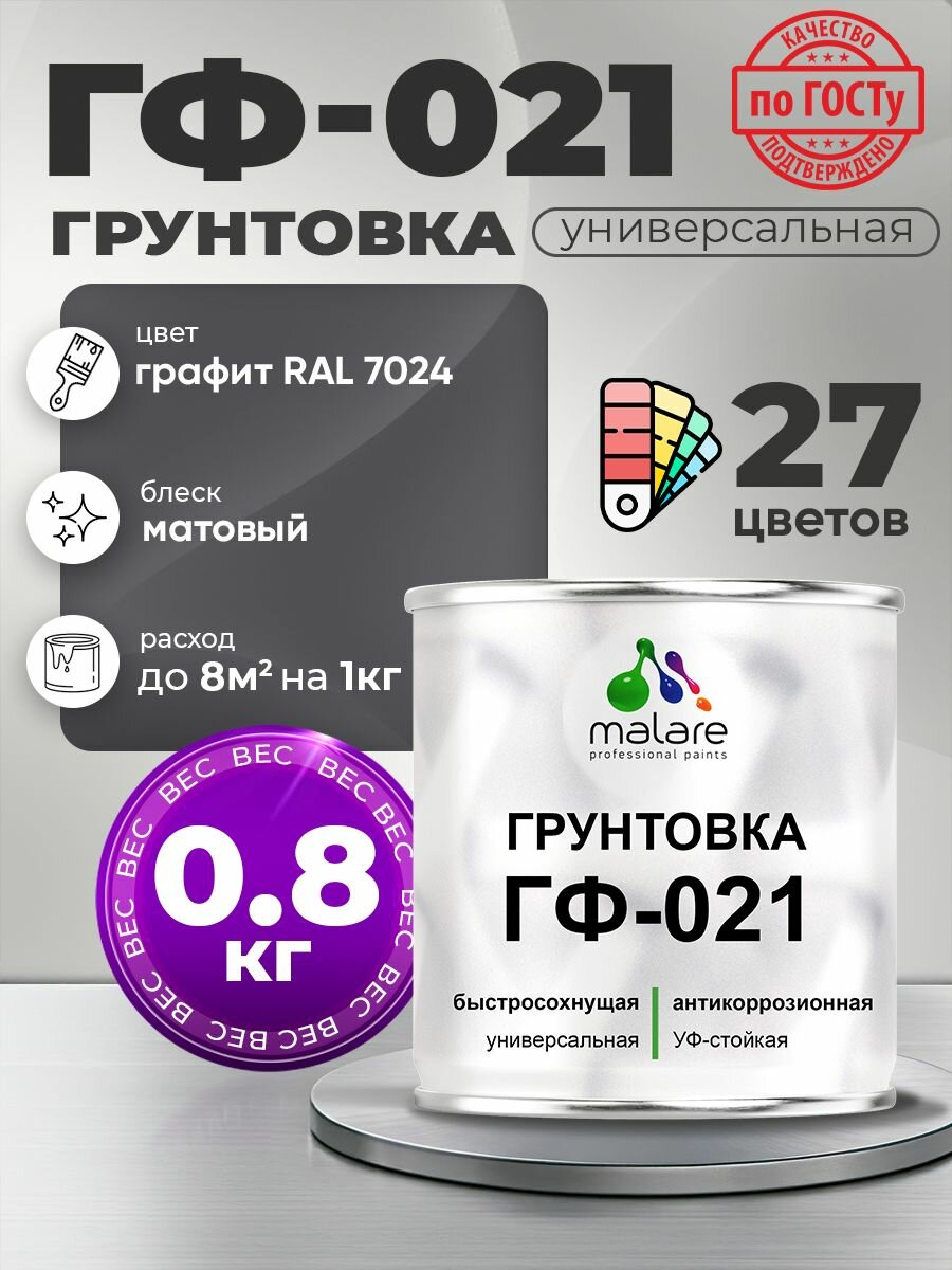 Грунтовка ГФ-021 универсальная для металла, по дереву, для минеральных поверхностей, быстросохнущая, RAL 7024, графитово-серый, матовая, 0,8 кг