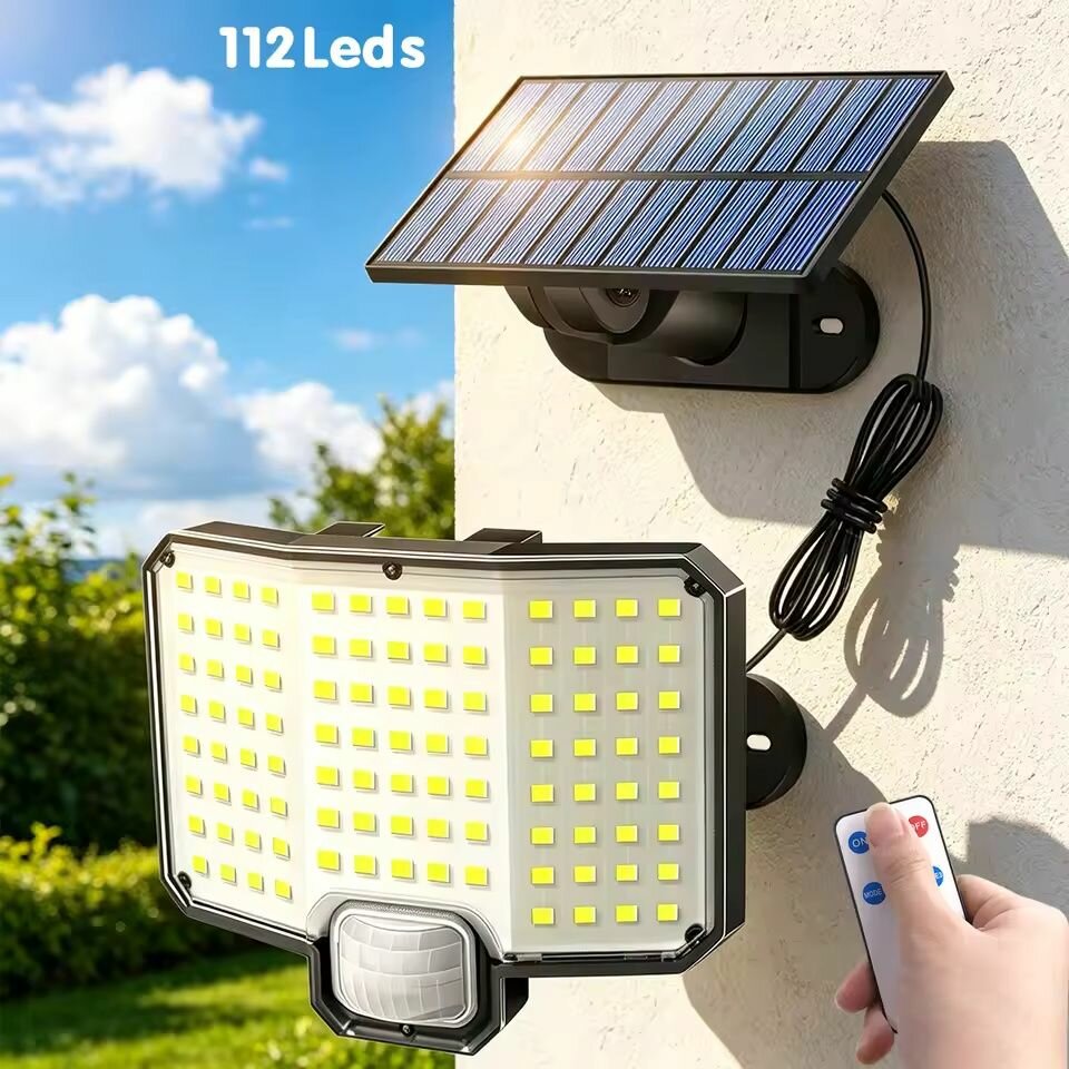 Сверхяркий уличный солнечный настенный светильник на 112 LED с одним датчиком движения. Светодиодный прожектор с защитой IP65 работает автоматически от заката до рассвета, тремя режимами освещения