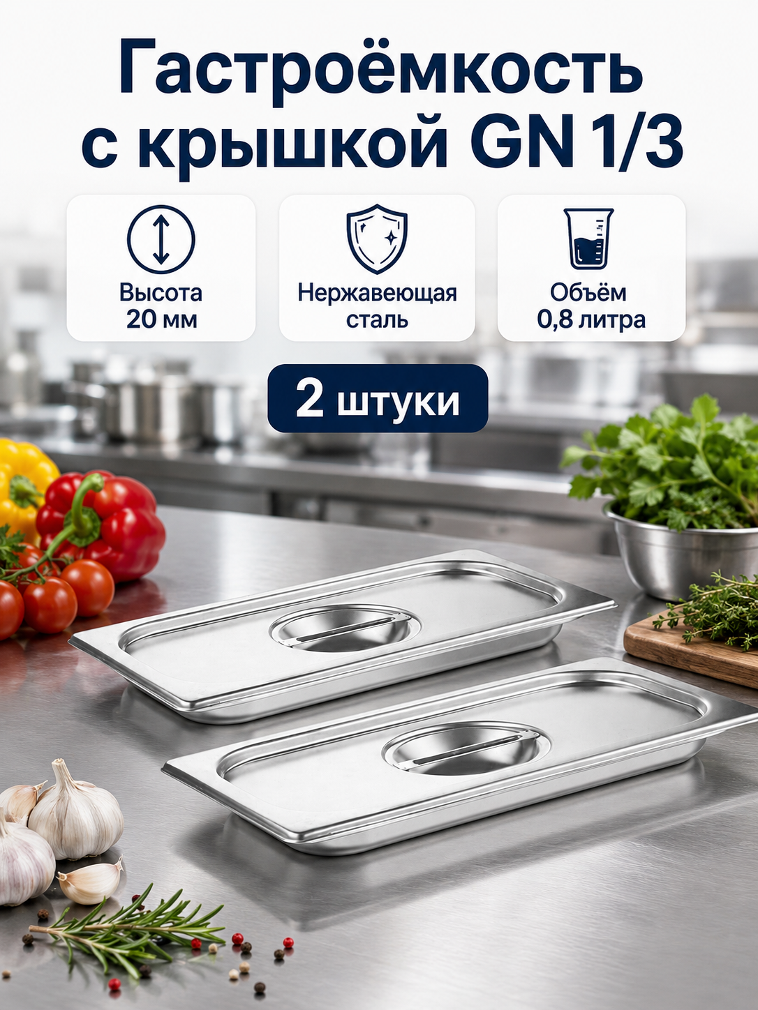 Гастроемкость GN 1/3 20 мм с крышкой, набор 2 шт, нержавеющая сталь