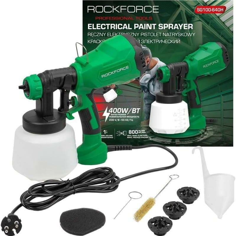 Rockforce Краскопульт ручной электрический (230В, 400Вт, объем бачка 1л, макс. расход краски 800мл/мин) RF-SG100-640H(59000)