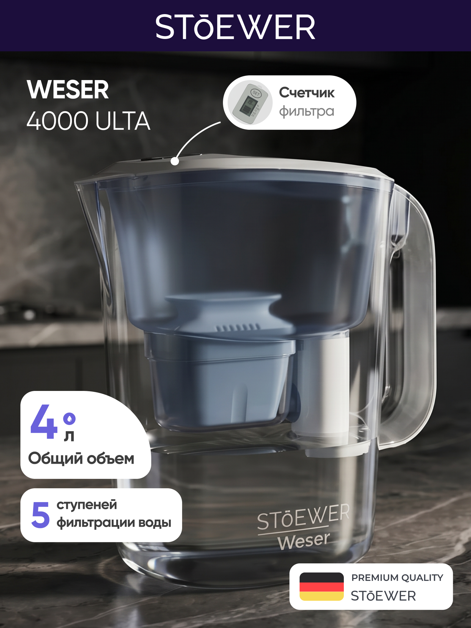 Фильтр-кувшин для воды STOEWER штоер Weser 4000 Ultra, 5 ступеней очистки, с дисплеем и минерализацией