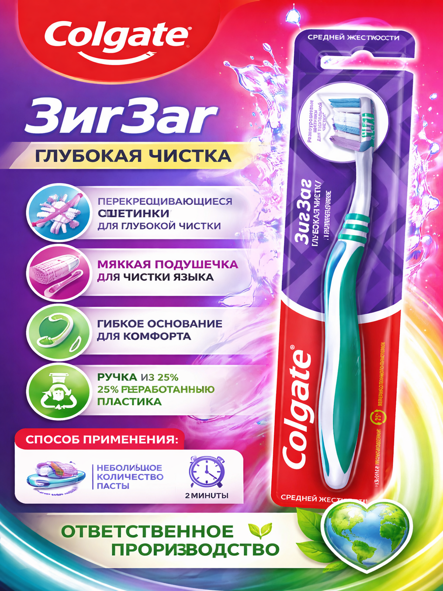 Зубная щетка Colgate Зиг Заг многофункциональная, средней жесткости розовая