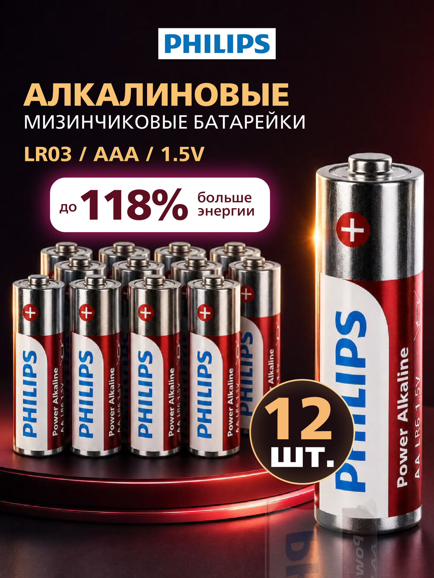 Батарейки Philips мизинчиковые ААА алкалиновые 1,5v 12 шт. LR03-12BL Power