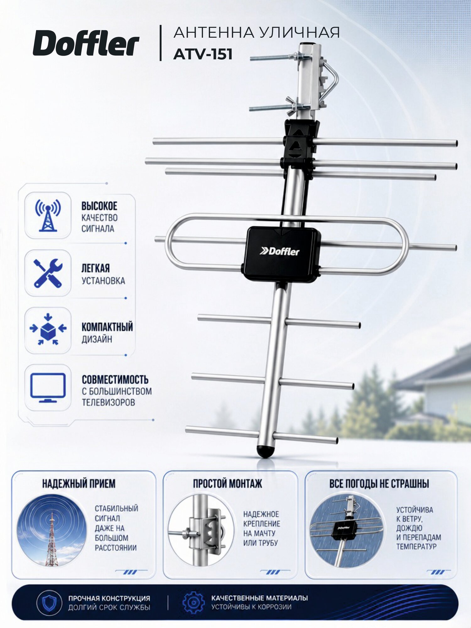 Антенна телевизионная уличная Doffler ATV-151, пассивная, DVB-T2, UHF (ДМВ), DVB-T, серебристая