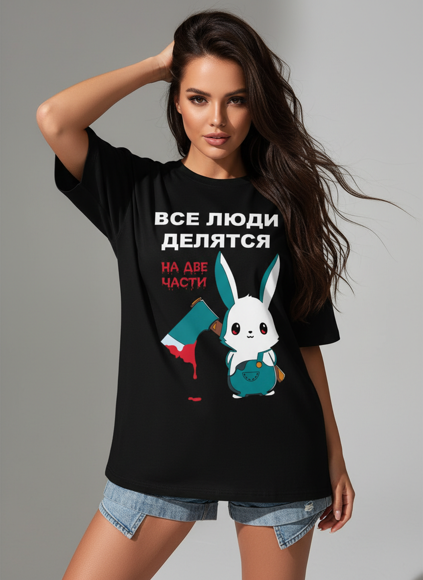 Футболка женская с принтом, оверсайз, черная, заяц с топором, хлопок, от бренда FufaikiRU