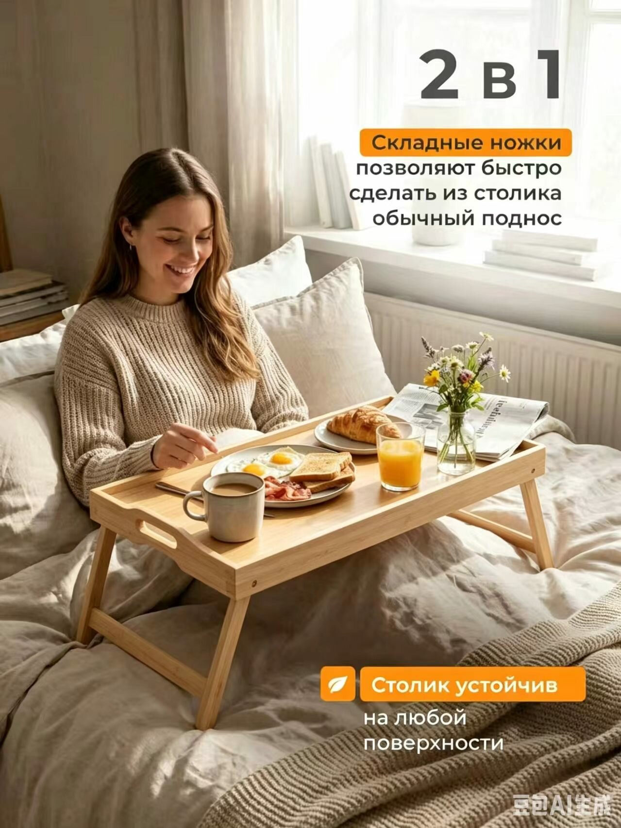 Бамбуковый столик для спальни, складная конструкция, с ручкой, 50*30*25 см