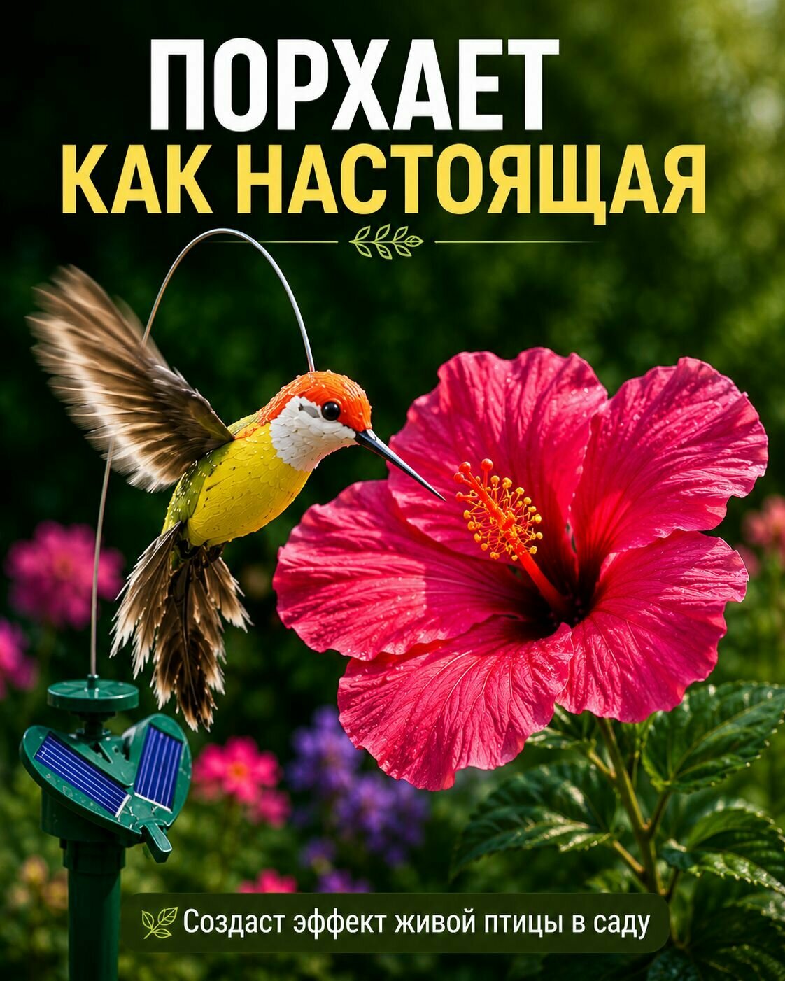 Колибри на солнечной батарее для сада, декоративная птица для клумбы и дачи, садовый декор, фигурка колибри.