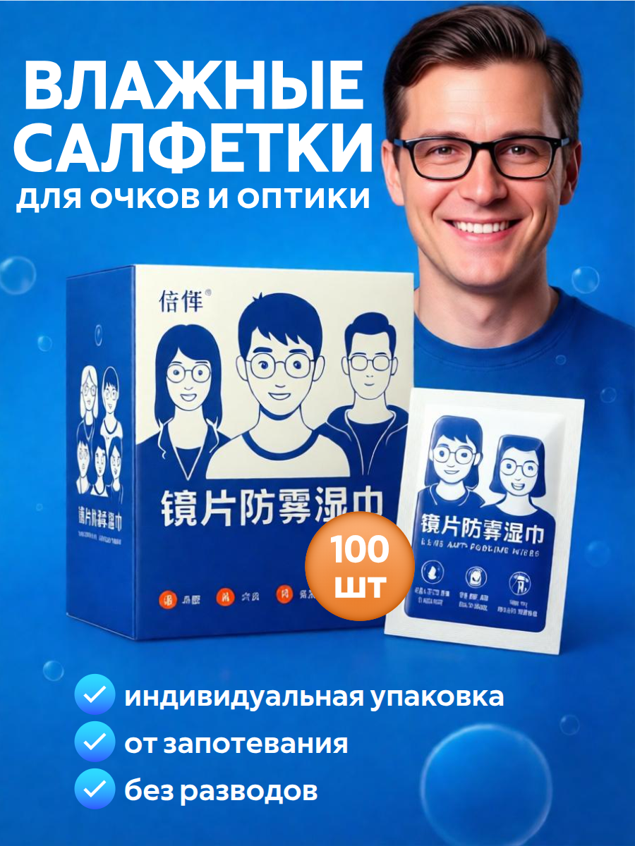 Влажные салфетки для очков, оптики, линз от запотевания, для гаджетов, экранов, в индивидуальной упаковке 100 штук