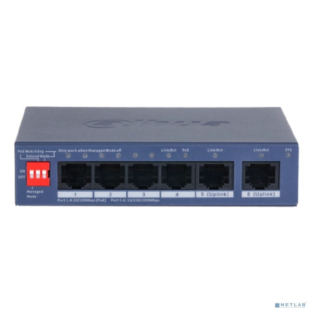 DAHUA DH-CS4006-4ET2GT-36 4-портовый PoE коммутатор управляемый 4 RJ45 10/100Мбит/с (PoE/PoE+), 2 RJ45 10/100/1000Мбит/с (uplink); до 40 В