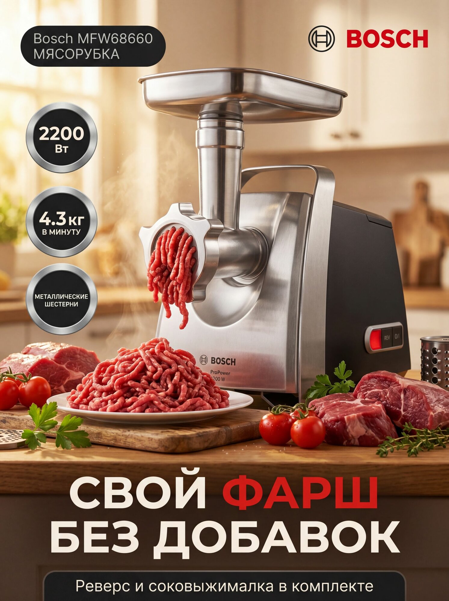 Мясорубка электрическая BOSCH MFW68660 с насадками и соковыжималкой 2200 ВТ