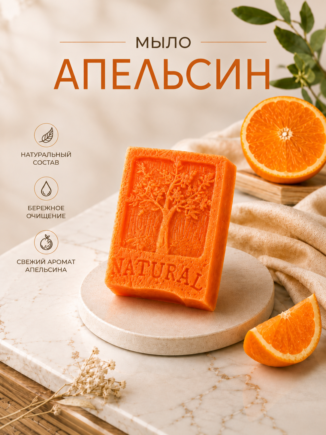 Натуральное мыло с ароматом апельсина и цитрусовыми нотками