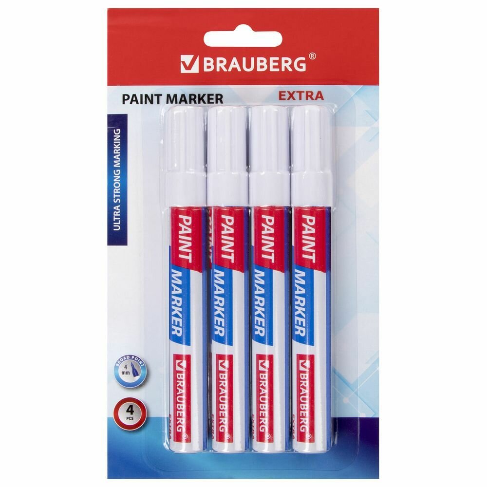 Маркер-краска лаковый EXTRA (paint marker) 4 мм, белые, 4 шт, усиленная нитро-основа, BRAUBERG