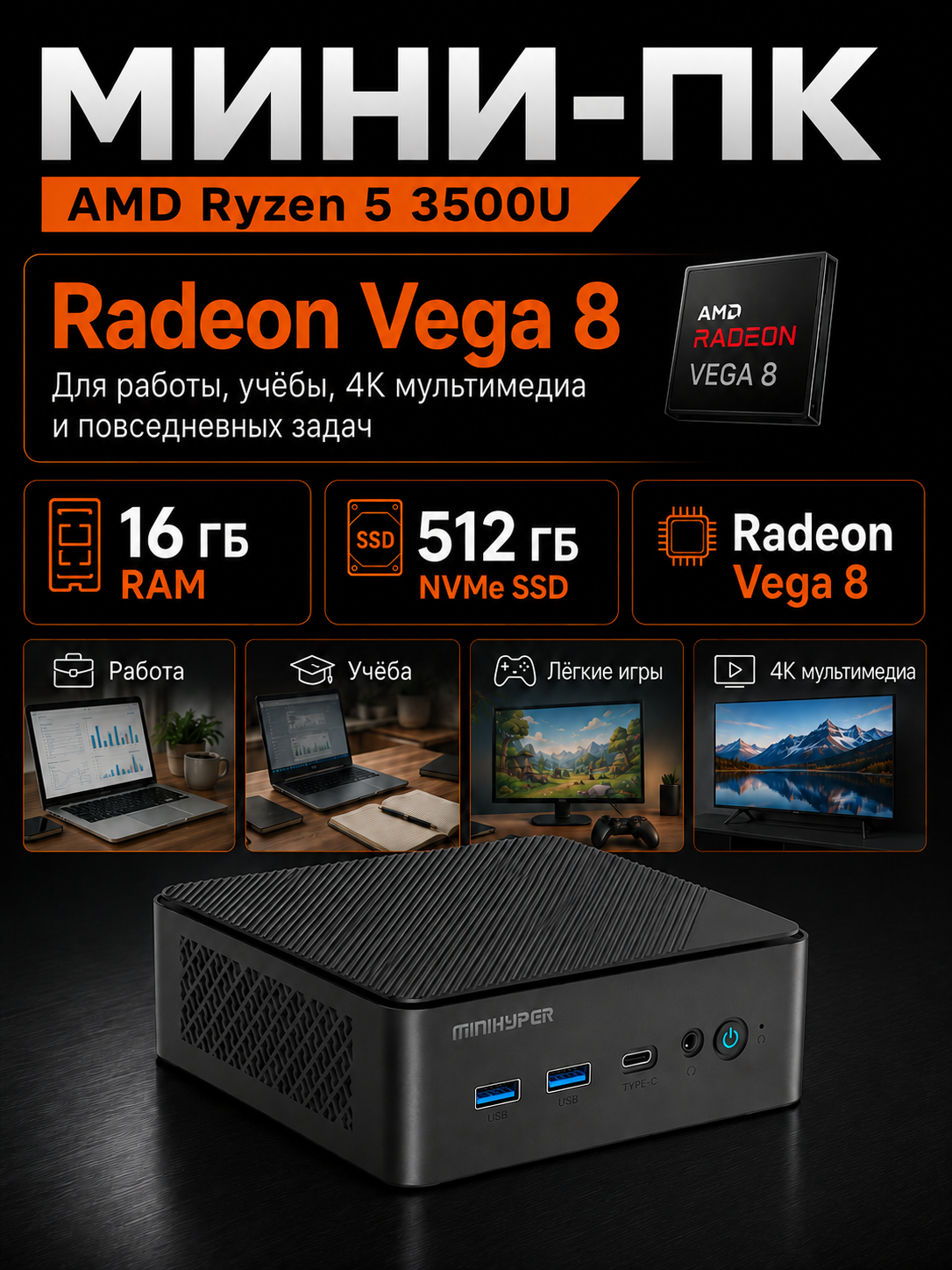 Мини-ПК для офиса AMD Ryzen 5 3500U, 16 ГБ RAM, SSD 512 ГБ, Windows и Office