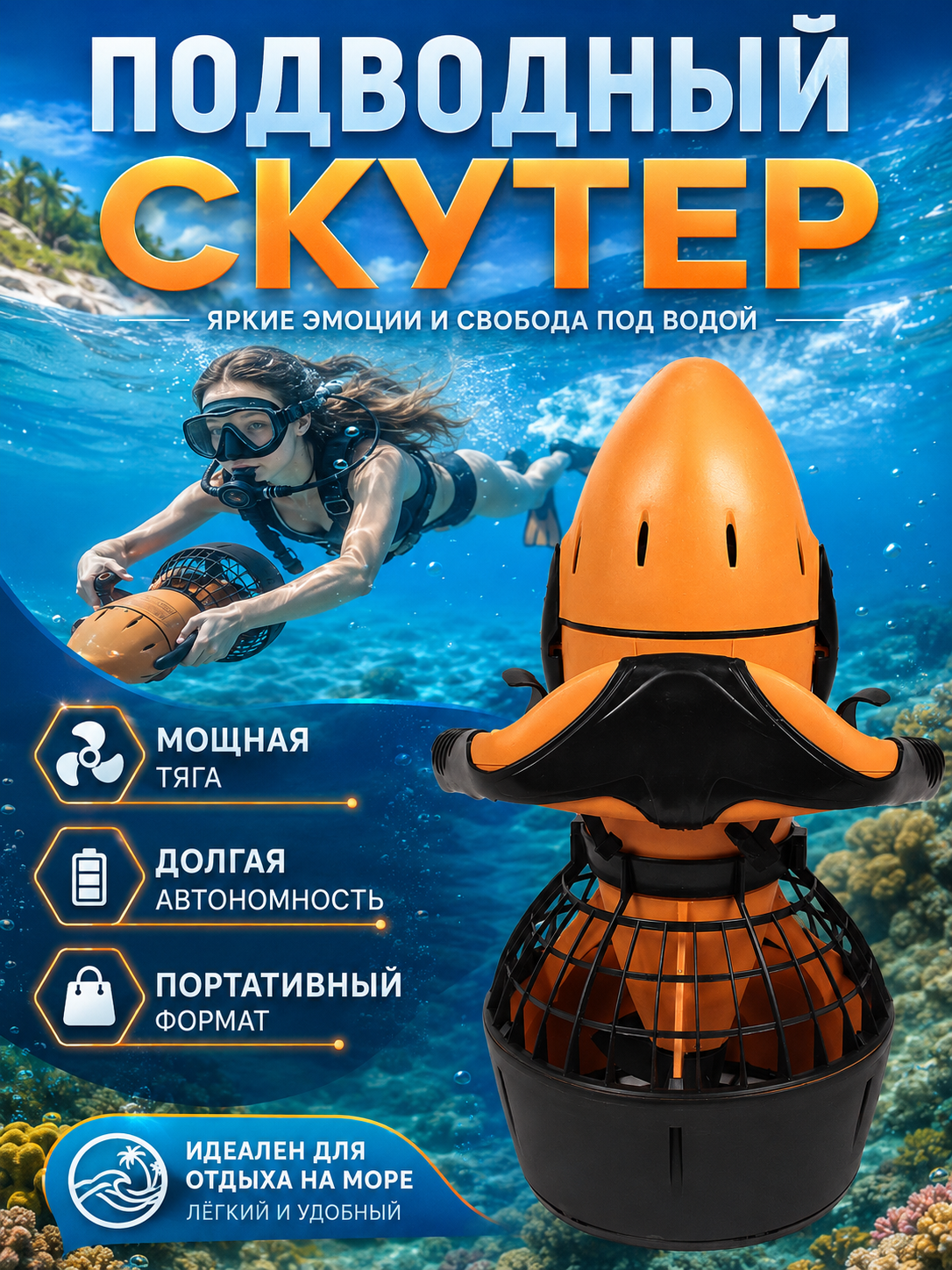 Подводный скутер с ручками для подводного движения, водный двигатель для snorkeling, удобное оборудование для пляжного отдыха и дайвинга
