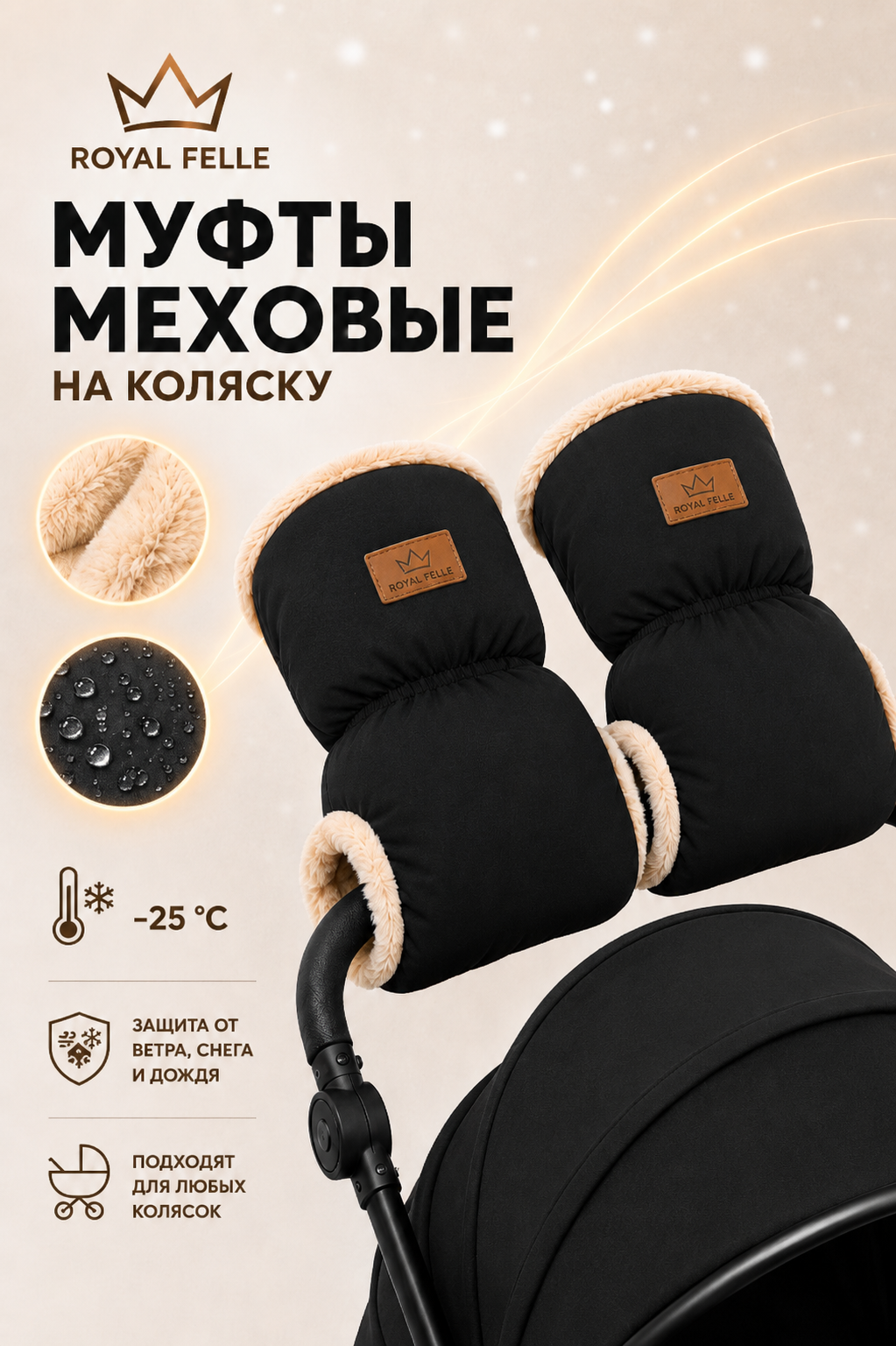 Муфты варежки для рук на коляску/санки Royal Felle COSY Black тёплые на кнопках