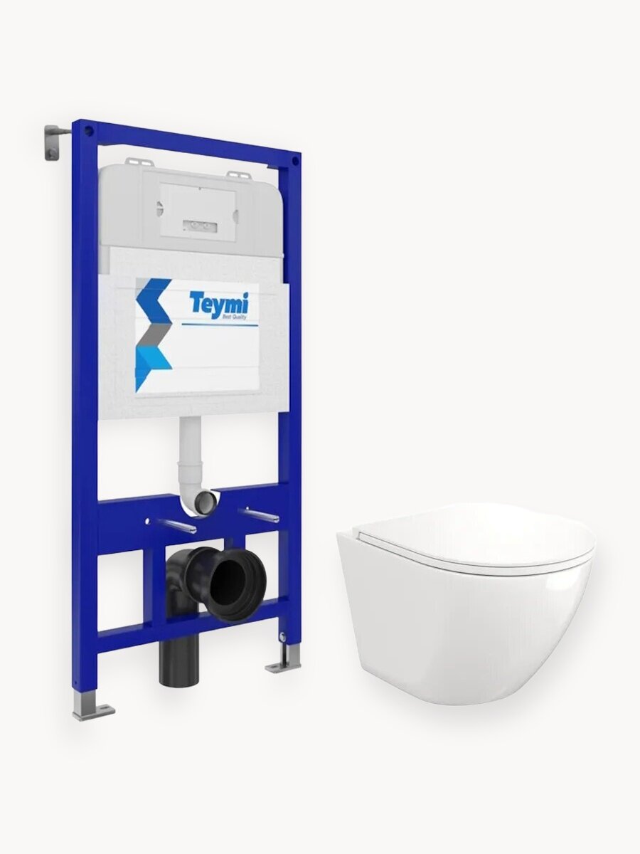 Инсталляция с унитазом комплект 5 в 1 Teymi унитаз подвесной безободковый Lina S кнопка нержавеющая сталь F13287