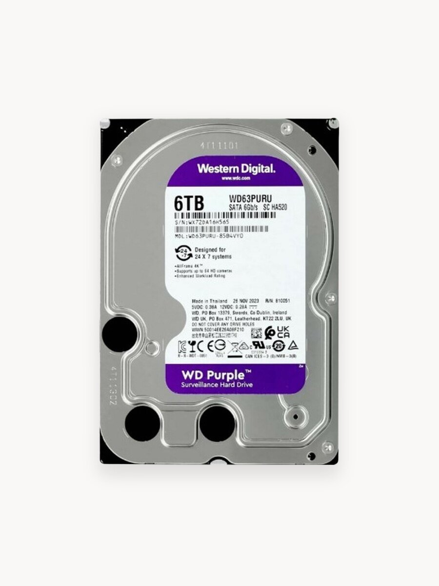 Жесткий диск Western Digital 3.5" WD Purple 6 ТБ, SATA III, 256 Mb, 5400 rpm (WD63PURU)