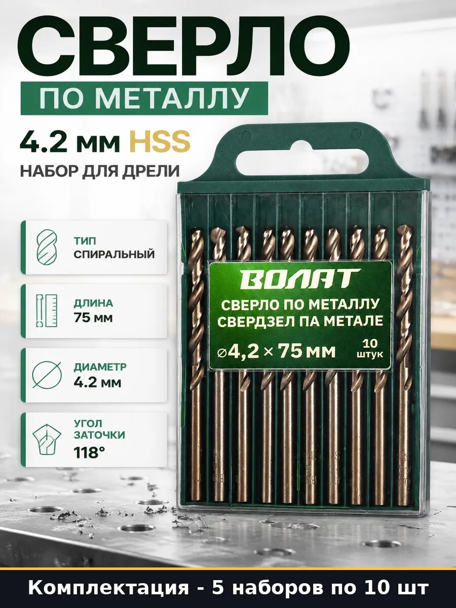 Сверло HSS 4.2 мм 75 мм для дрели по металлу комплект 5 шт