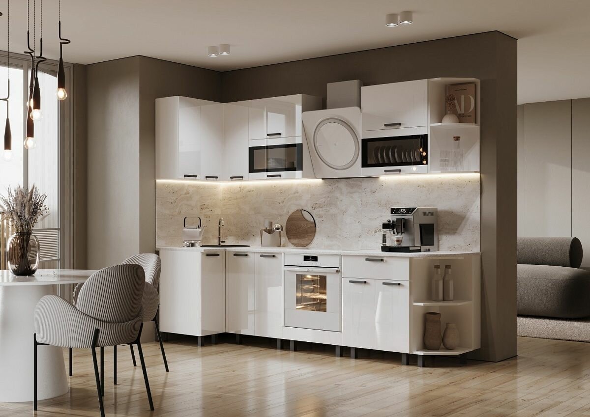 Кухонный гарнитур Техно 0,9*2,7м Компоновка №2 Белый Глянец/Белый