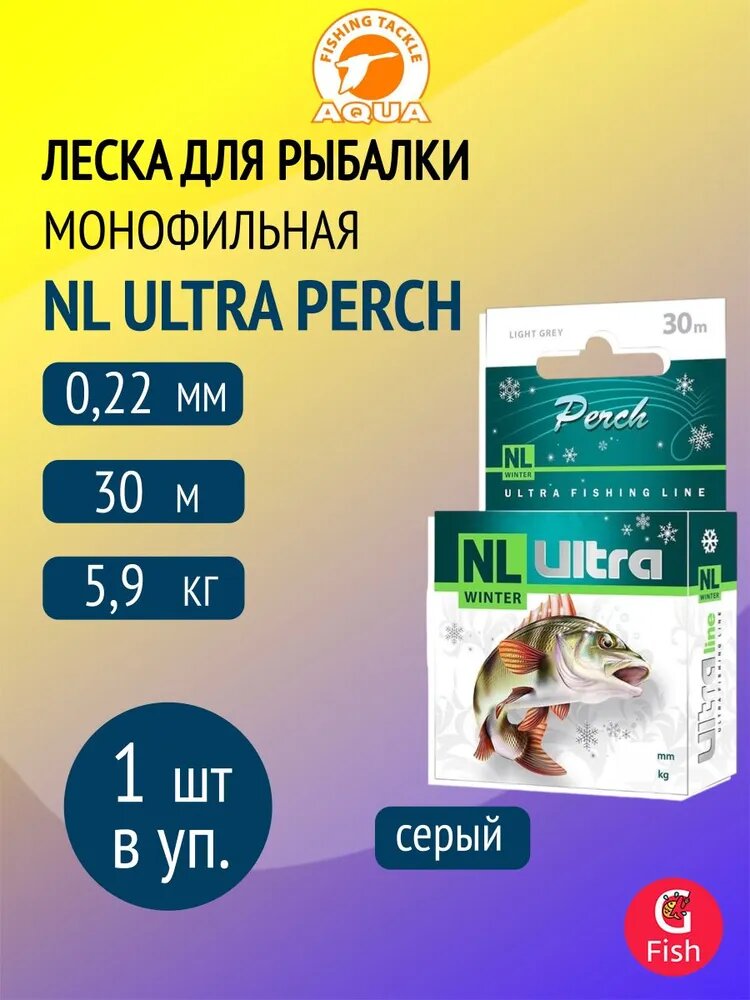 Леска зимняя для рыбалки AQUA NL ULTRA PERCH (Окунь) 30m 0,22mm, цвет - светло-серый, test - 5,90kg ( 1 штука )