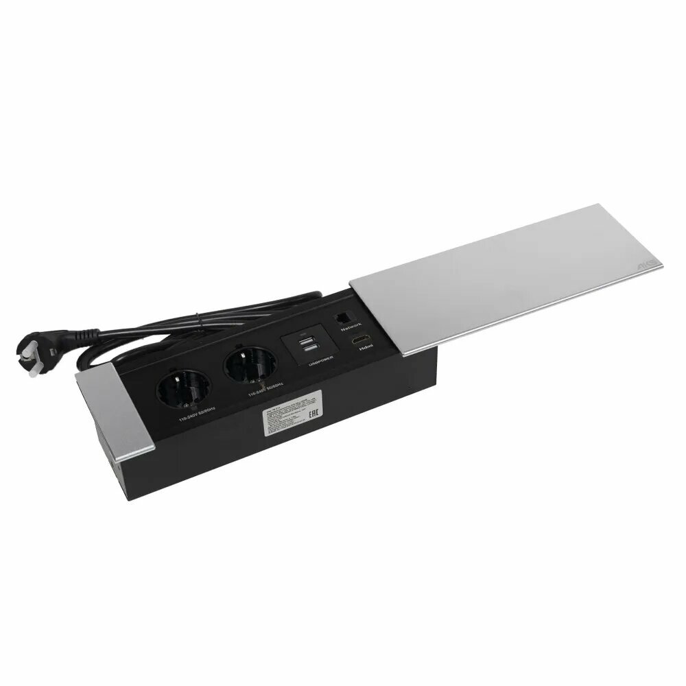 Встраиваемая выдвижная розетка в столешницу для кухни 2 розетки сталь 2 USB A, HDMI, LAN