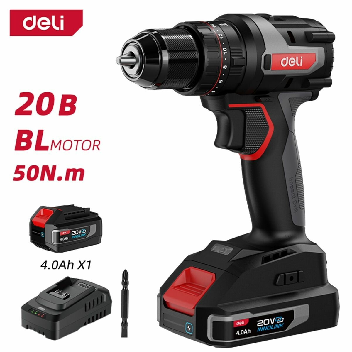 Дрель-шуруповерт аккумуляторная ударная Deli DE-CZ20-2A4 (1 АКБ*4Ач+ЗУ, 20В, 10мм, 50Нм, сумка)