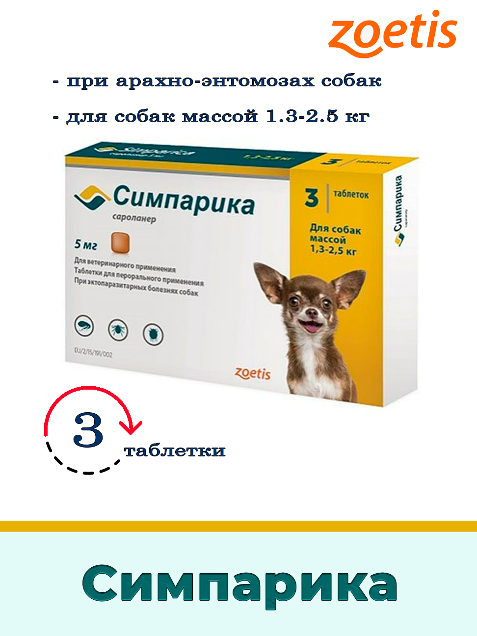Zoetis таблетки от блох и клещей Симпарика для собак весом 1,3-2,5 кг, 5 мг 3 шт. в уп, 1 уп.