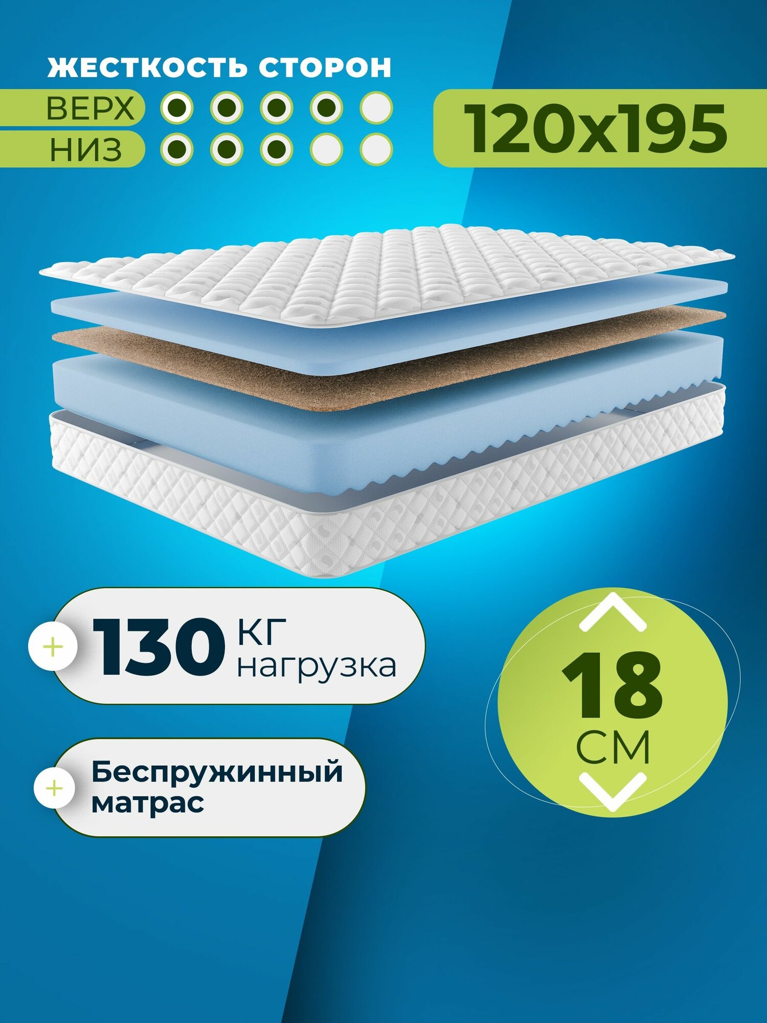 Матрас с кокосом 120х195, Безмятежный вдох, ортопедический двусторонний с разной жесткостью, с анатомической пеной, нагрузка 130 кг, для кровати 120*195*18 см полуторный