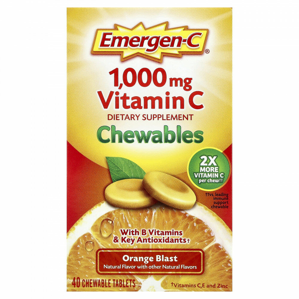 Emergen-C, жевательные таблетки с витамином C, со вкусом апельсина, 40 жевательных таблеток