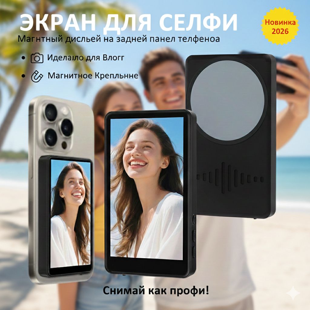 Магнитный селфи-дисплей мини-экран для съемки Vlog и соцсетей Зеркало для камеры 4K MagSafe крепление. Стильный черный