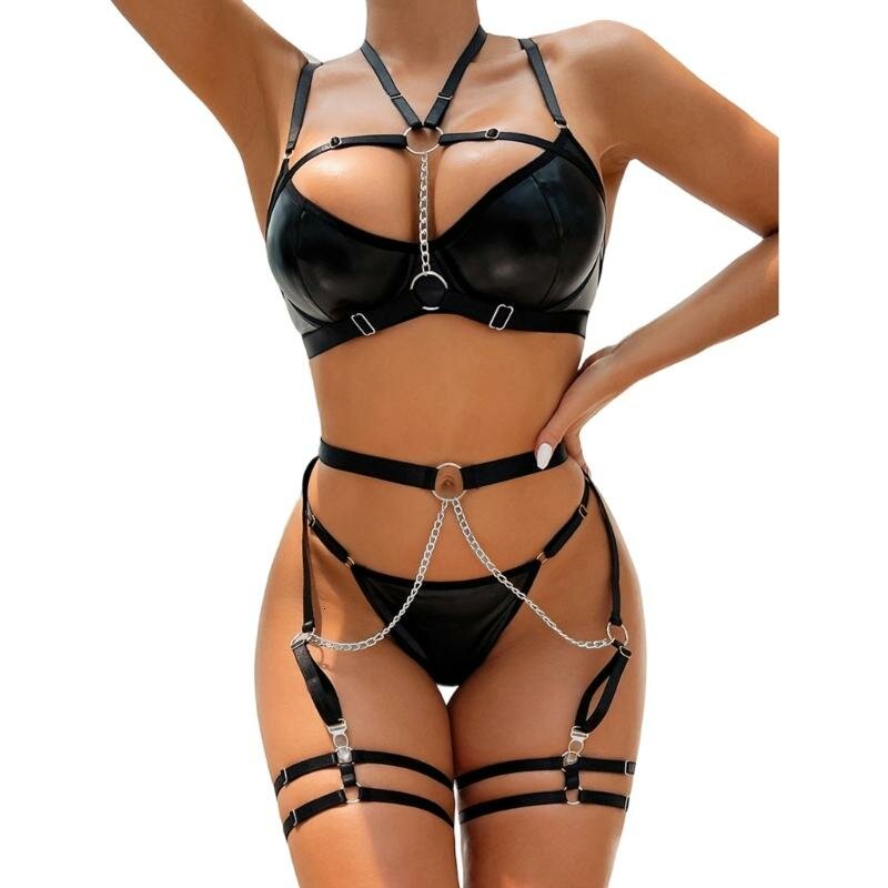 Комплект женского белья с поясом-подвязкой, Черный - XL